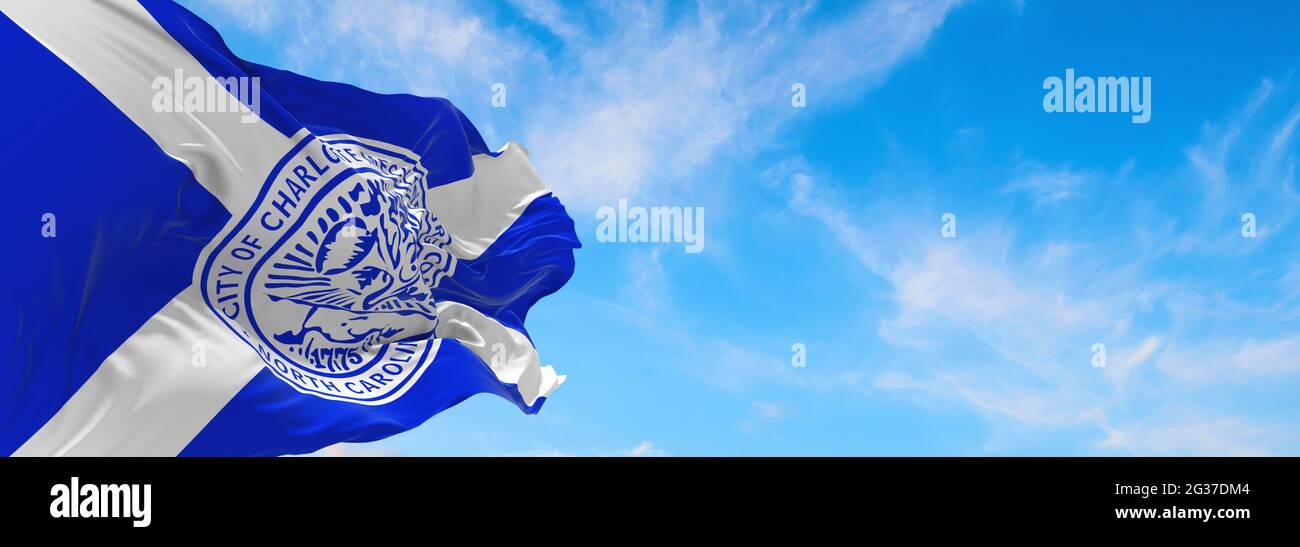 flag of Boston at cloudy sky background on sunset, panoramic view ...