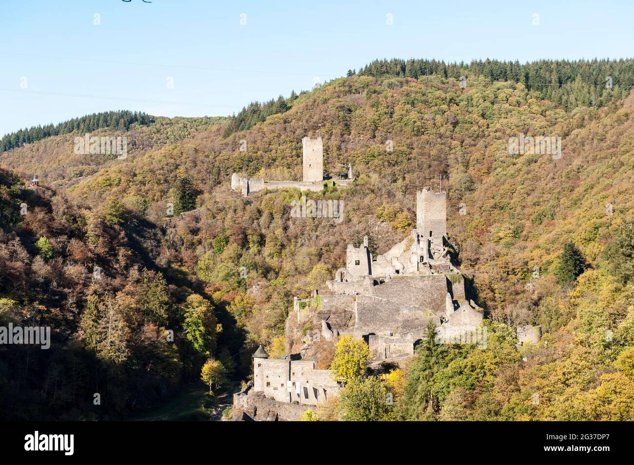Two medieval castles, castle ruins, forest in autumn colours, upper and ...