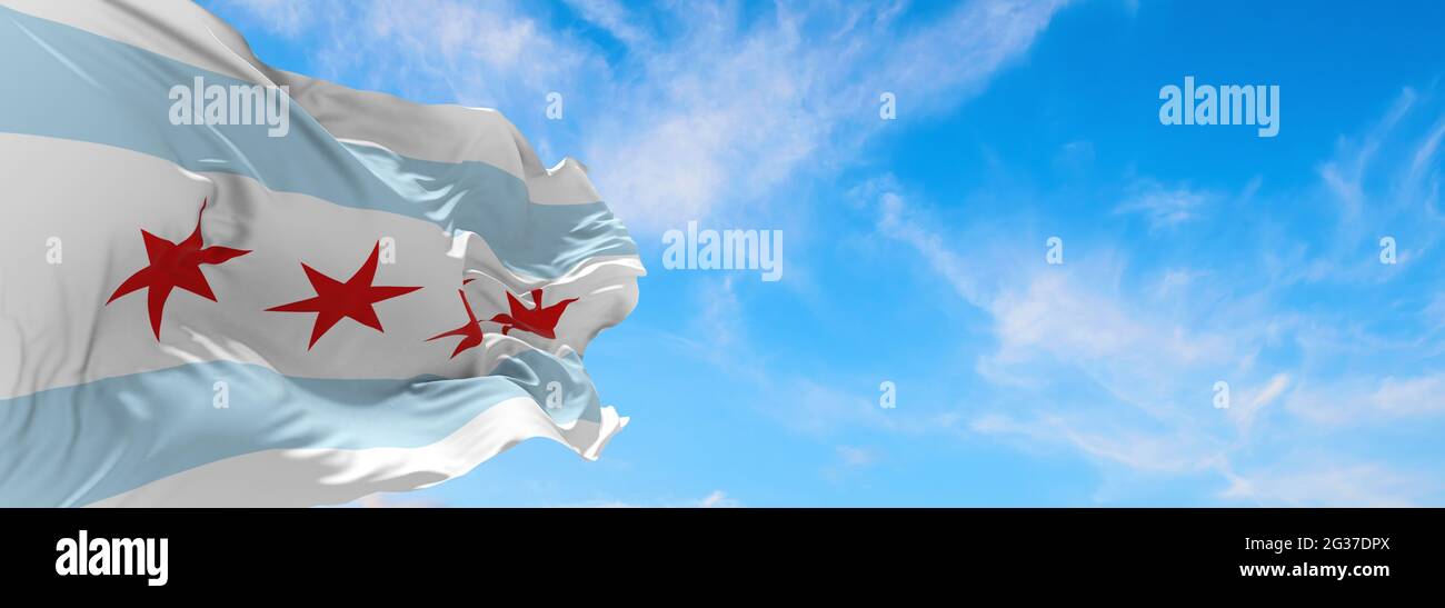 flag of Chicago, Illinois at cloudy sky background on sunset, panoramic ...