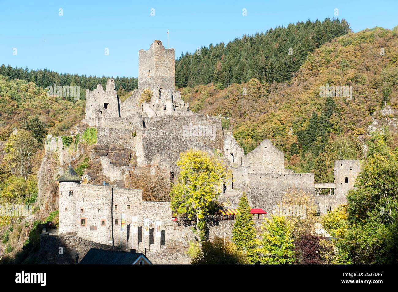 Medieval castle, stately castle ruin, forest in autumn colours ...
