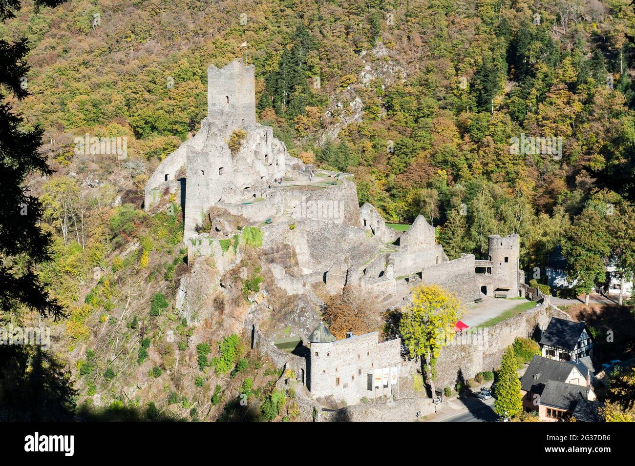 Medieval castle, stately castle ruin, forest in autumn colours ...