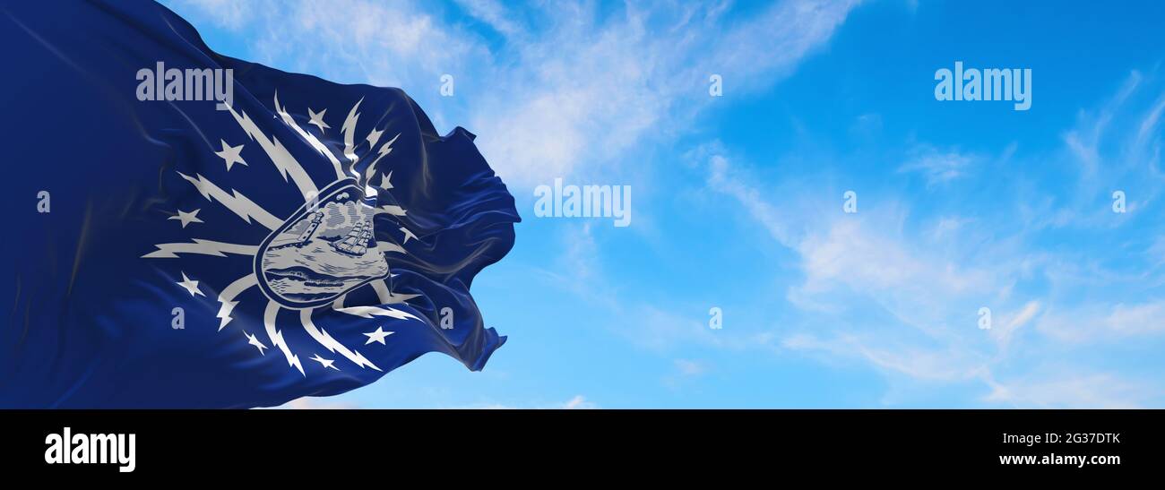 flag of Cambridge, Massachusetts at cloudy sky background on sunset ...