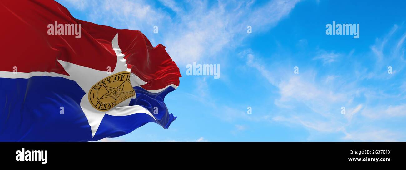 flag of Dallas at cloudy sky background on sunset, panoramic view ...