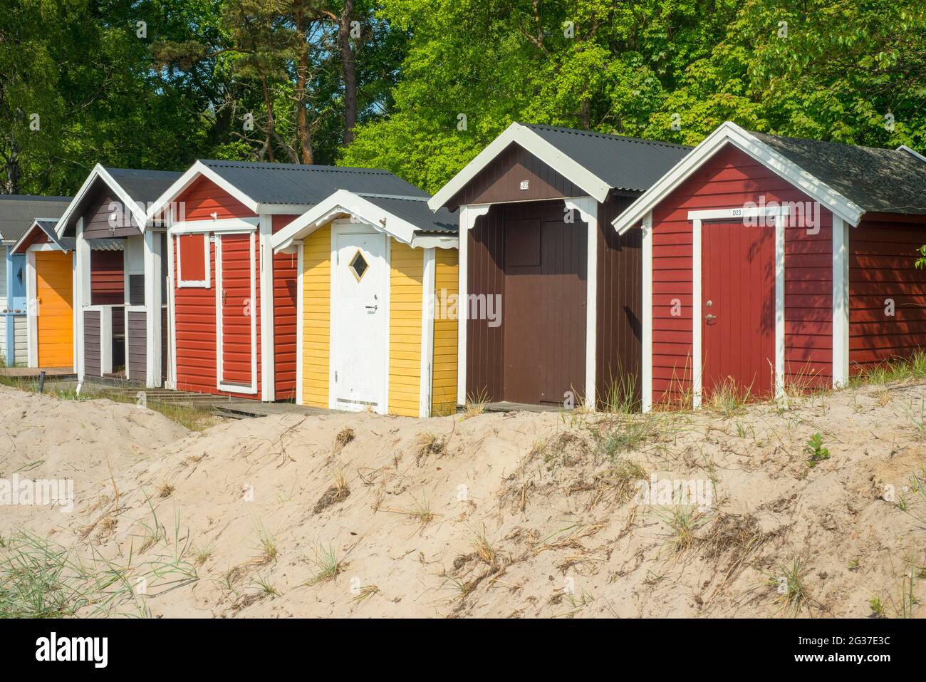Bathing huts in Ystad sand forest close to the beach at Baltic Sea ...