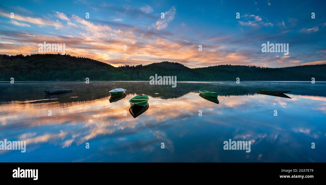 Panorama, morning glow at the Edersee, fishing boats in the water ...