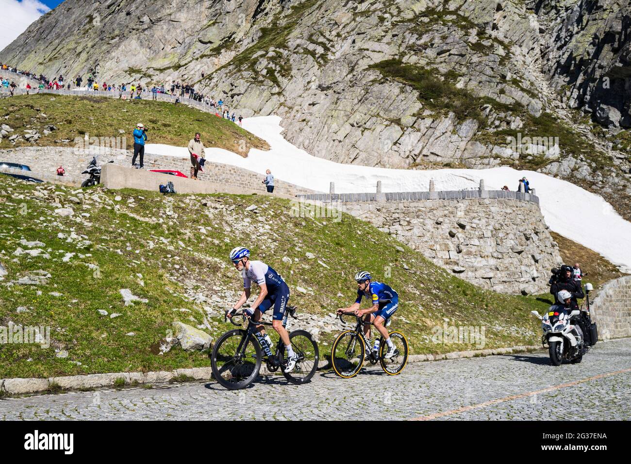 Switzerland, Tour de Suisse, Gotthard pass (Tremola) - Michael Wood and Mattia Cattaneo Stock ...