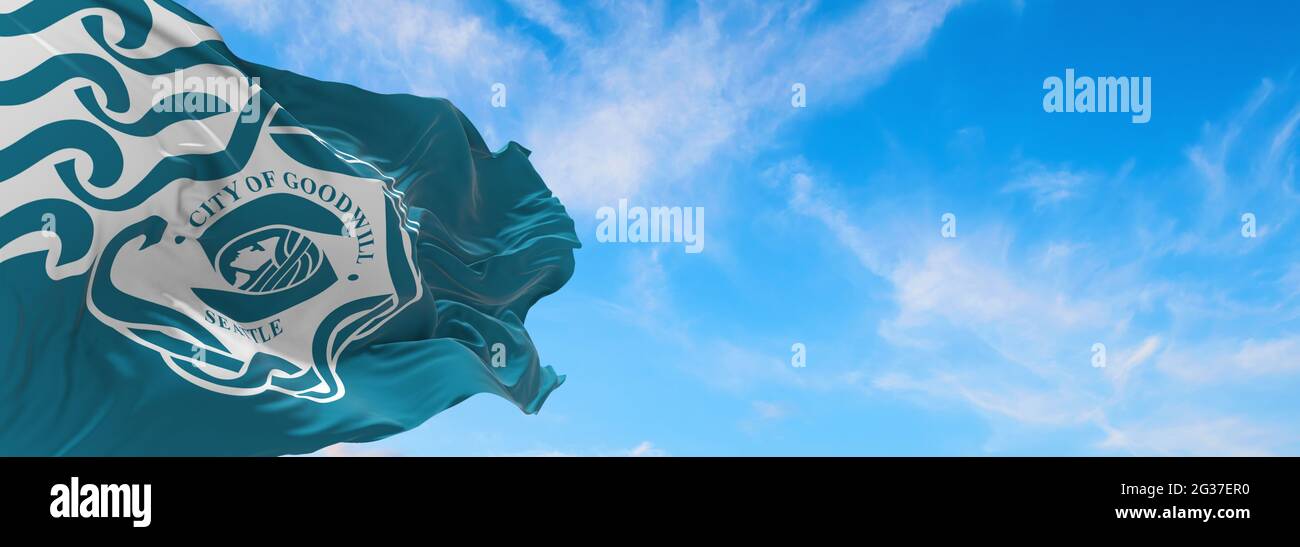 flag of Seattle at cloudy sky background on sunset, panoramic view ...