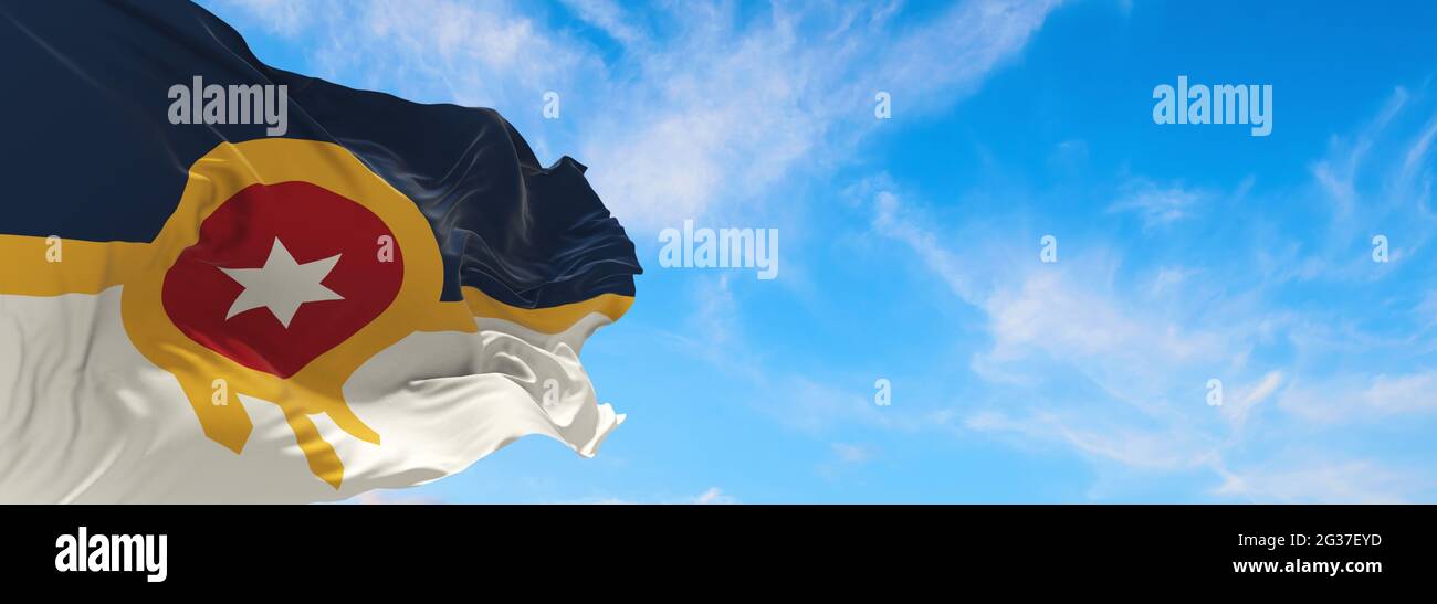 flag of Tulsa at cloudy sky background on sunset, panoramic view ...
