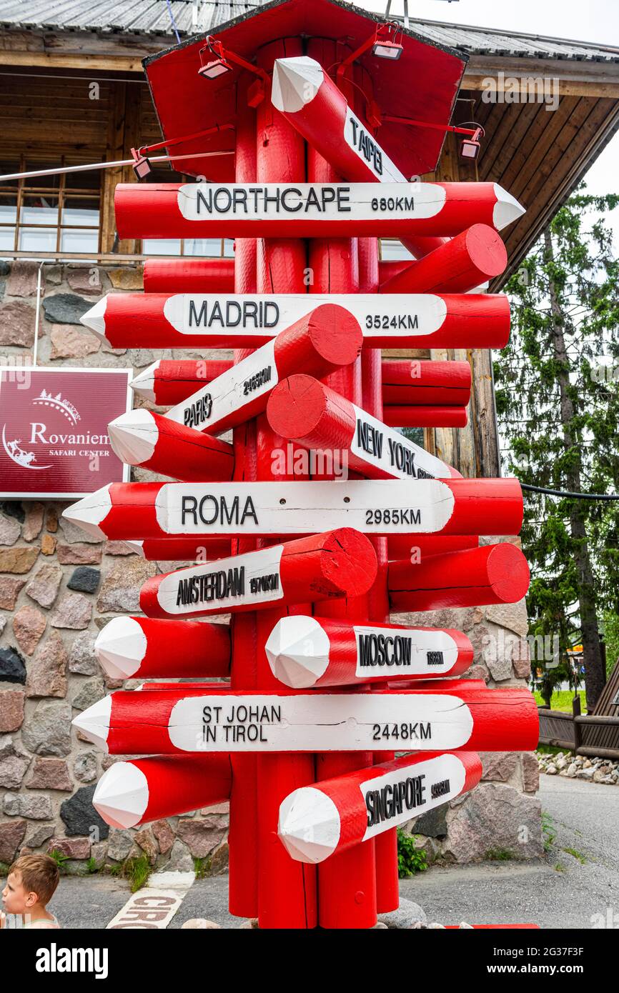 Signpost, Santa Claus village, Rovaniemi, Lapland, Finland Stock Photo ...