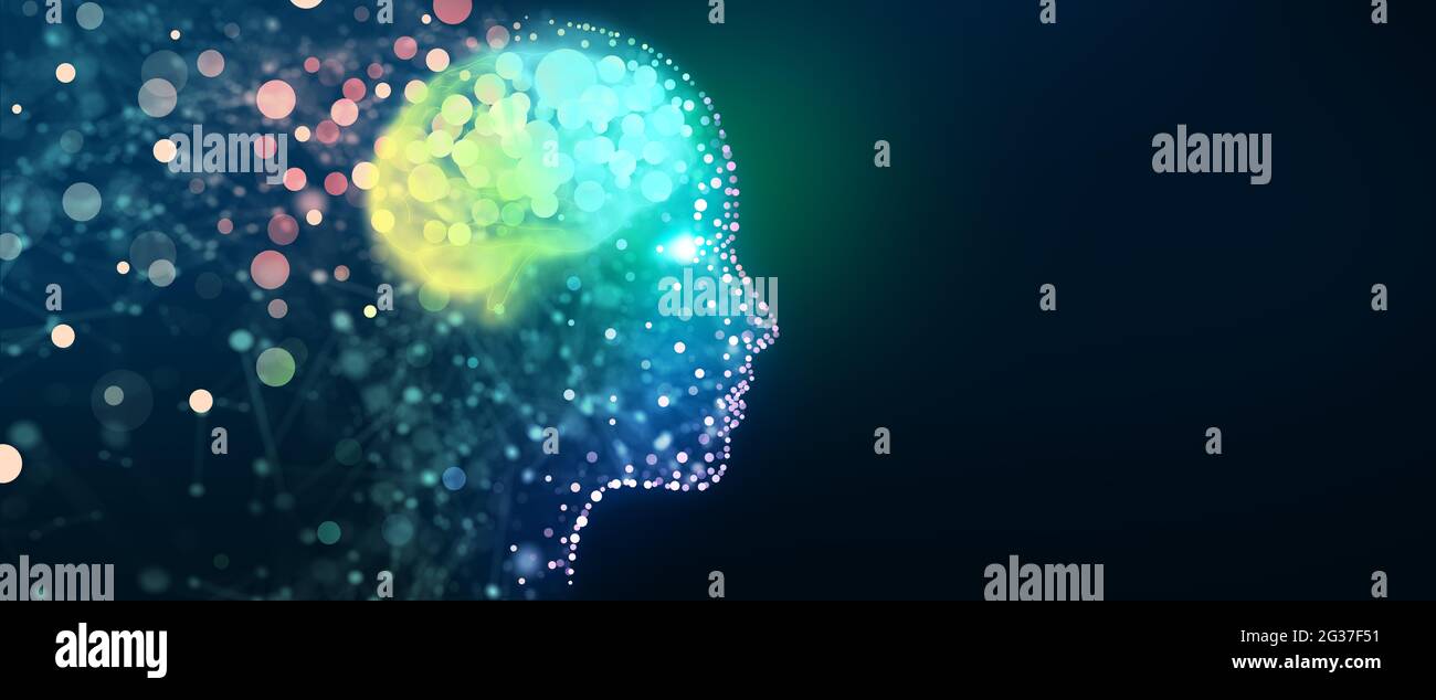 Human head with a luminous brain network. Digital brain, Analysis ...