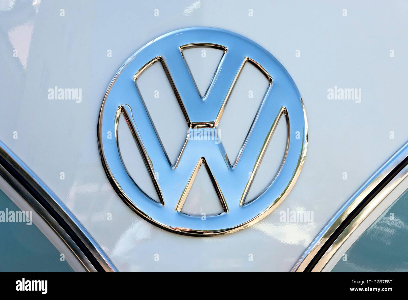 Chrome VW logo on the front of a Volkswagen Type 2 Transporter, VW Bus ...