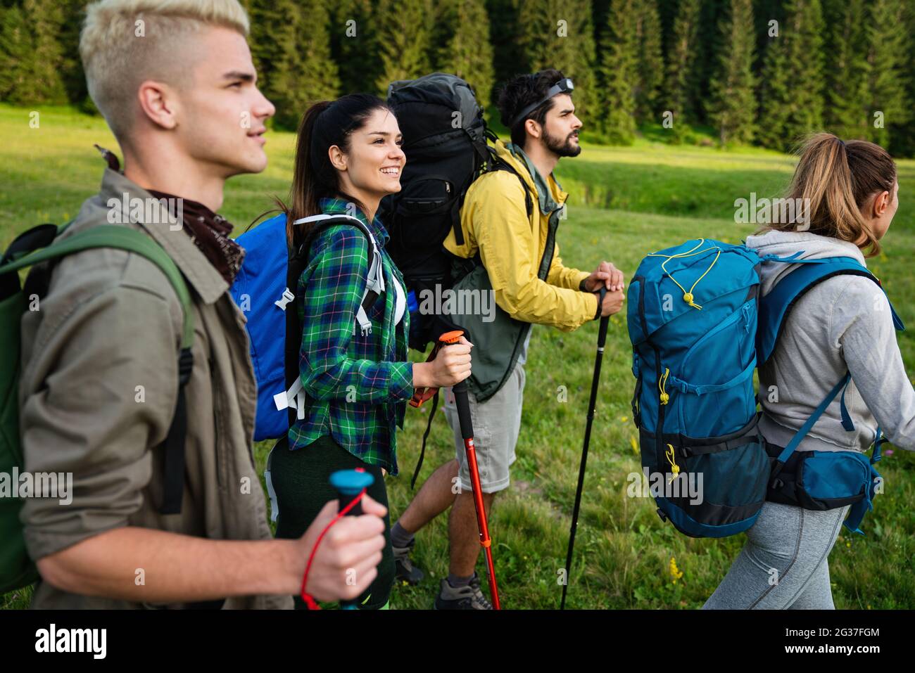 Trekking, hiking, camping and wild life concept. Group of friends ...