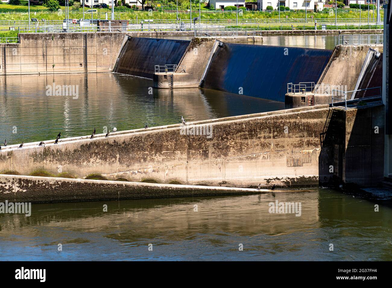 Canal lock with a closed steel gate on the Moselle river in West ...