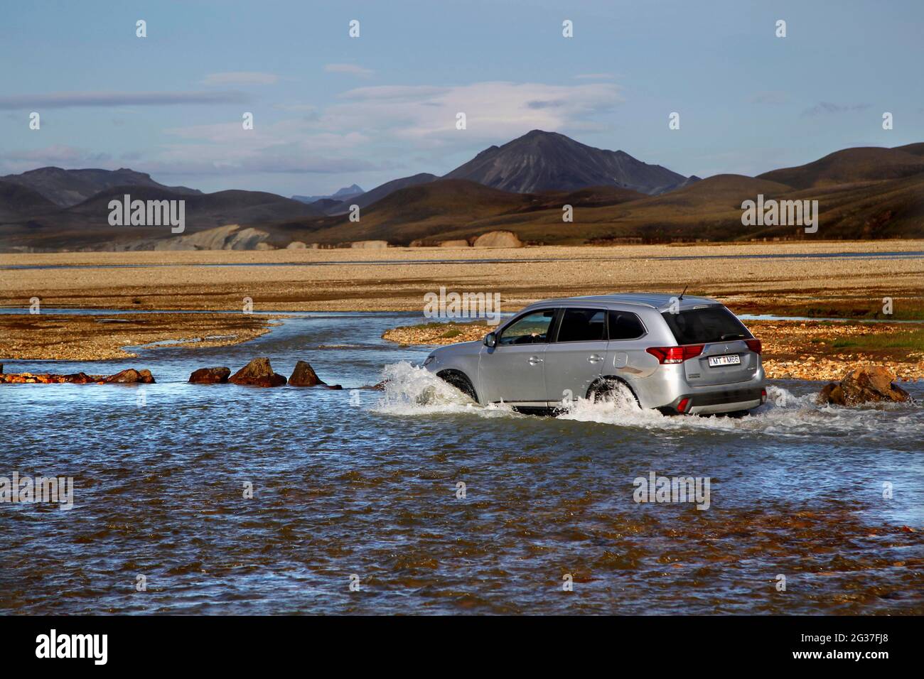 River, ford, off-road vehicle fording, river crossing, lava landscape ...