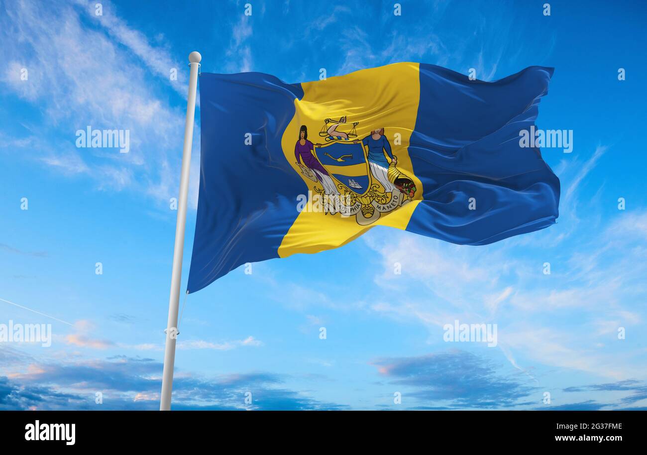 flag of Philadelphia, Pennsylvania at cloudy sky background on sunset ...