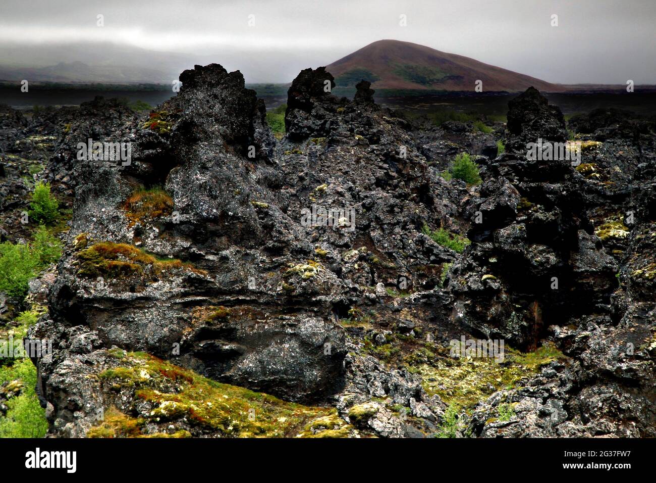 Lava formations, volcanic rock, cooled lava flow, view of Hverfjall ...
