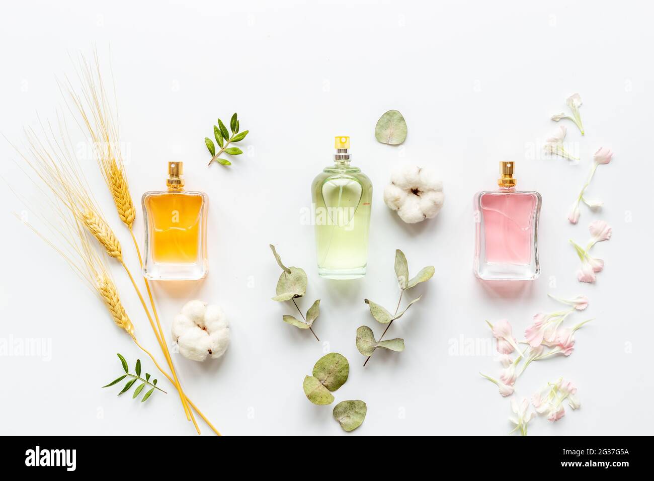 Floral fragrance - perfume bottles with flowers, top view Stock Photo ...