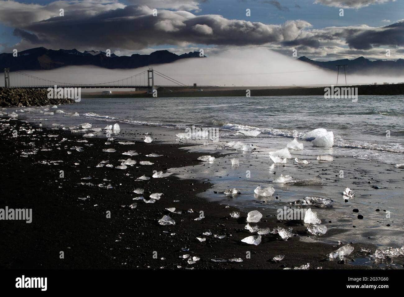 Beach, black beach, lava beach, icebergs, ice chunks, glacial ice ...