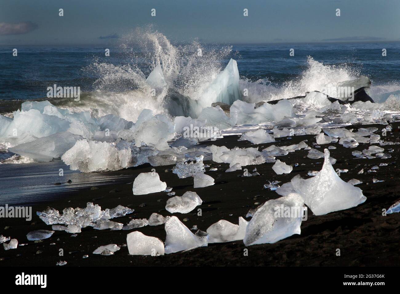 Beach, black beach, lava beach, icebergs, ice chunks, glacial ice ...