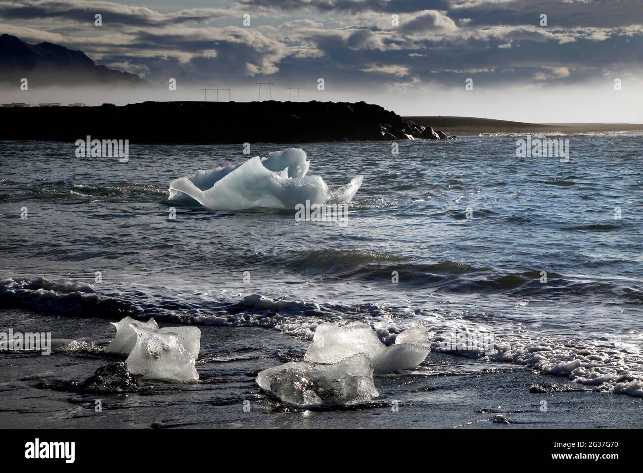Beach, black beach, lava beach, icebergs, ice chunks, glacial ice ...