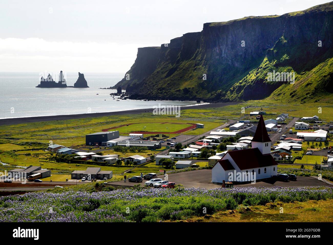 Church, Houses, View of Vik, Rocks Reynisdrangar, Reynisfjall, Vik ...