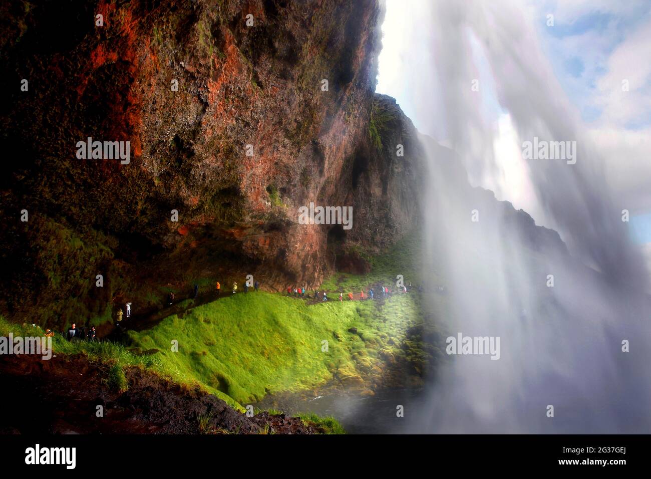 Waterfall, Seljalandsfoss, Highland escarpment, South coast, Iceland ...
