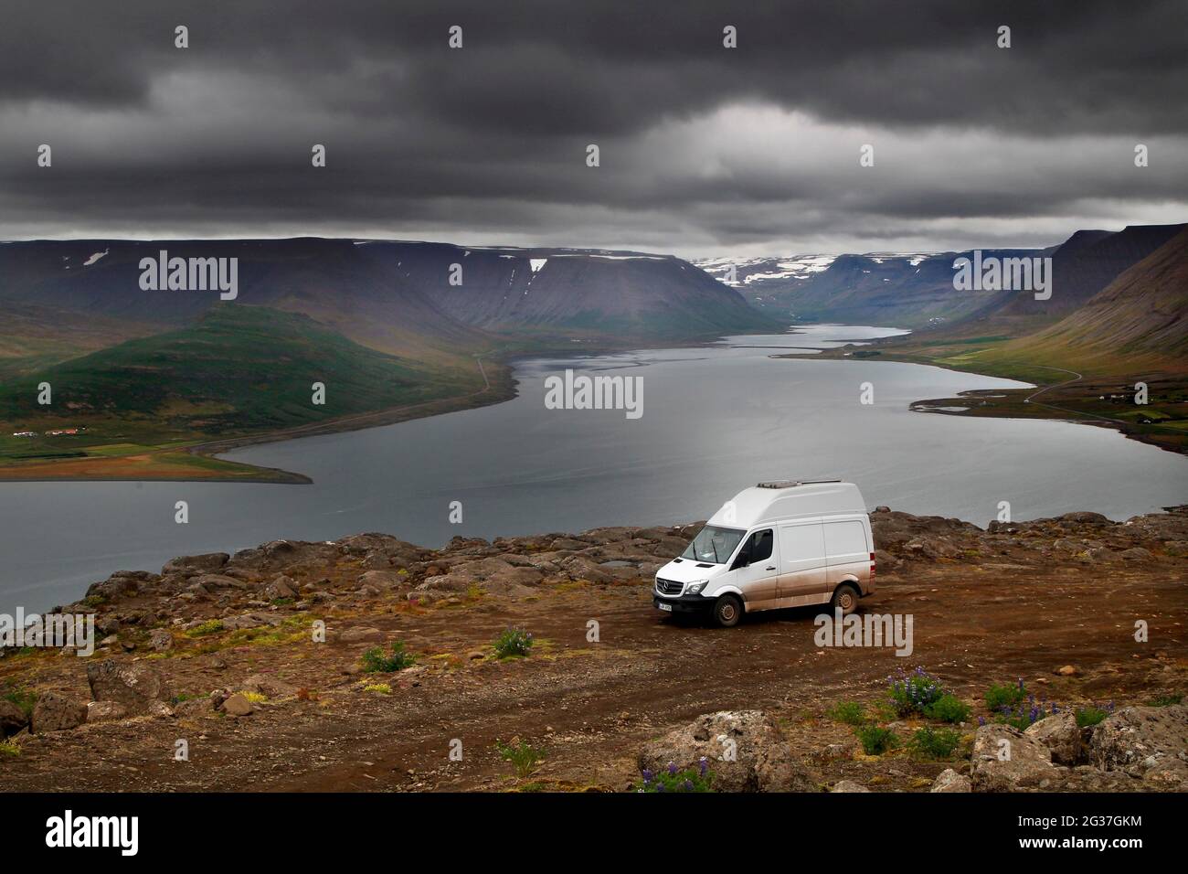Fjord, track with Mercedes Sprinter camper, camper, view from Sanfafell ...