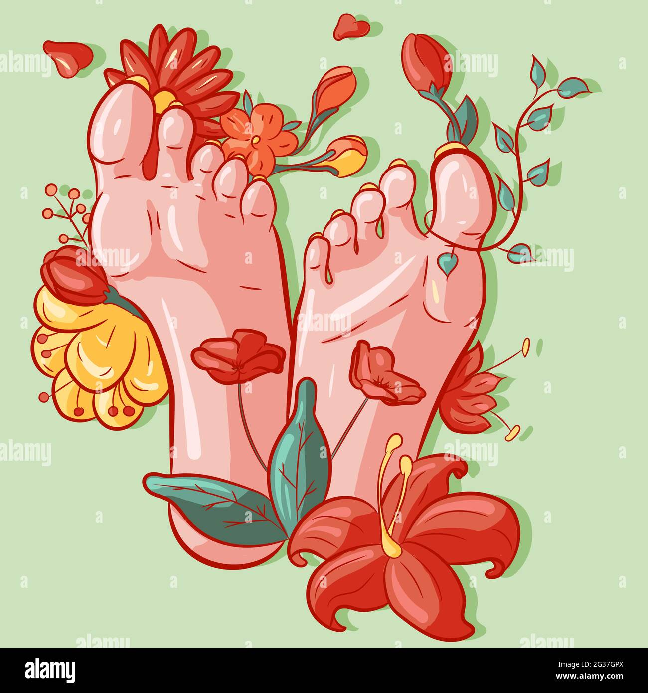 Vector illustration of female soles of feet around flowers, leaves and ...