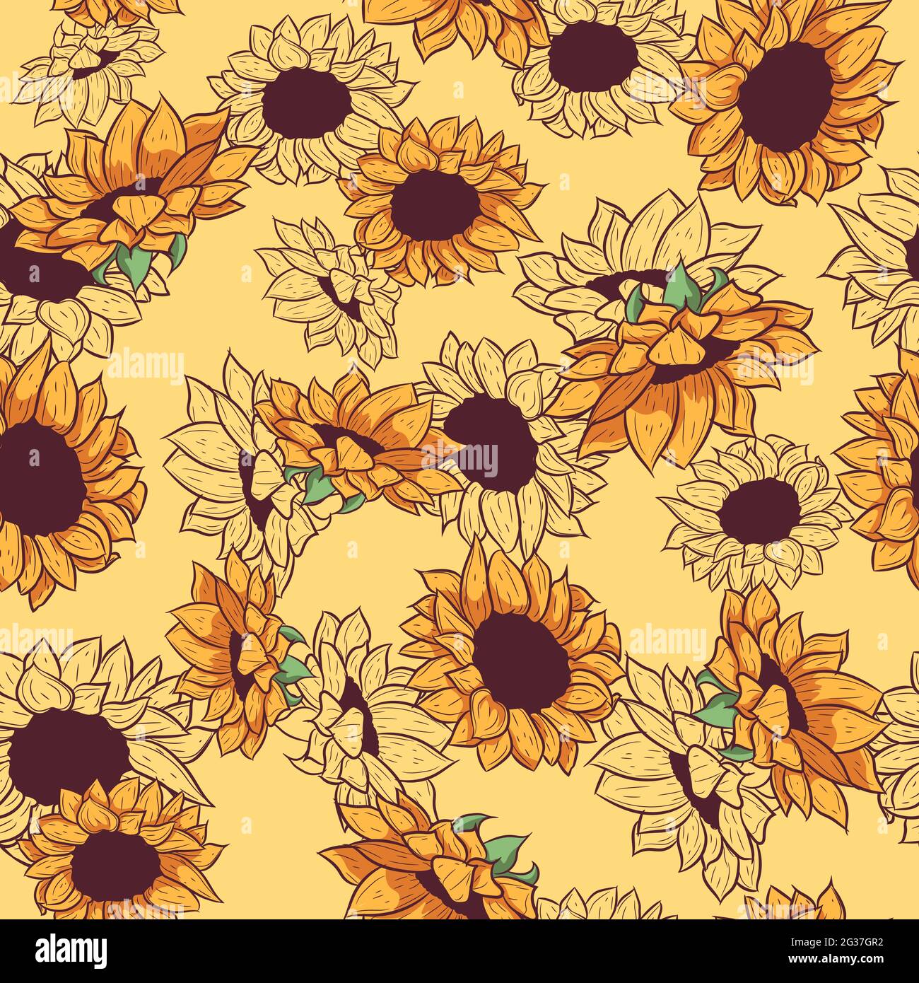 Yellow seamless pattern with sunflower drawings and sketches ...