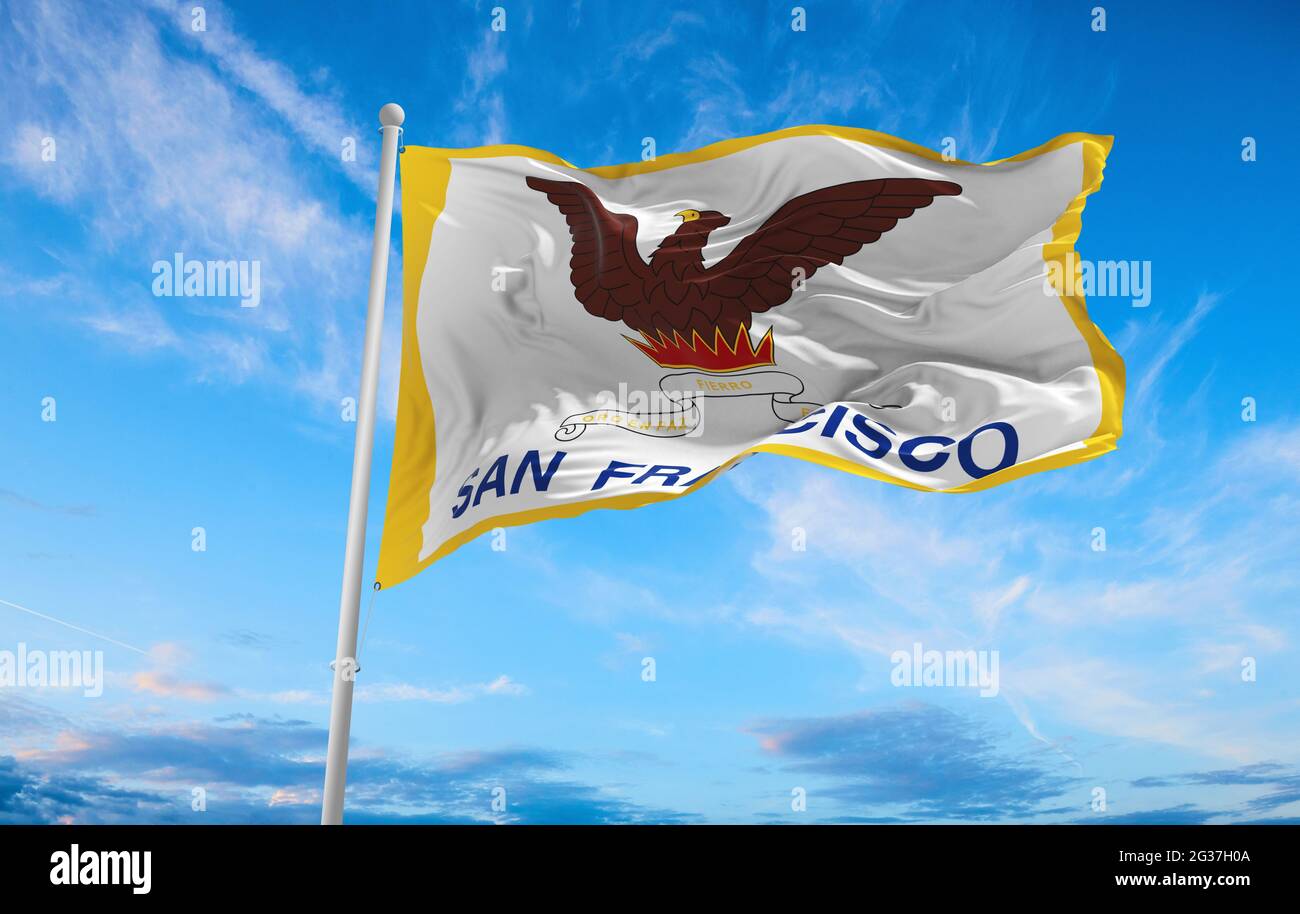 flag of San Francisco at cloudy sky background on sunset, panoramic ...