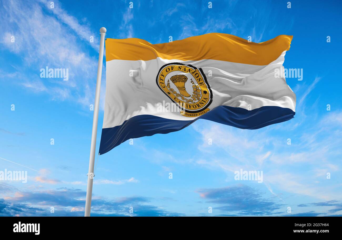 flag of San Jose, California at cloudy sky background on sunset ...