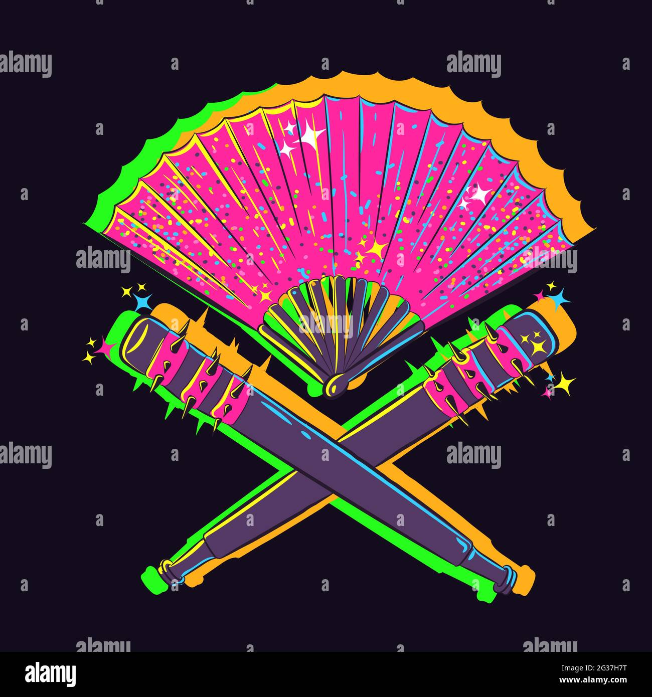 Conceptual art of a fan with two wooden clubs glowing under UV neon ...
