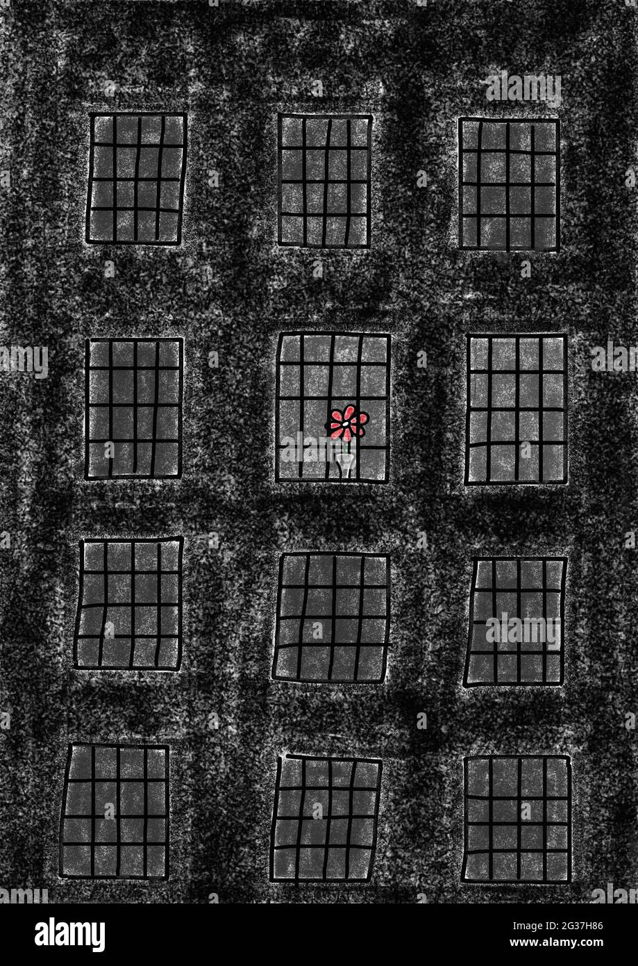 Naive illustration, child drawing, prison window with a flower in bloom ...