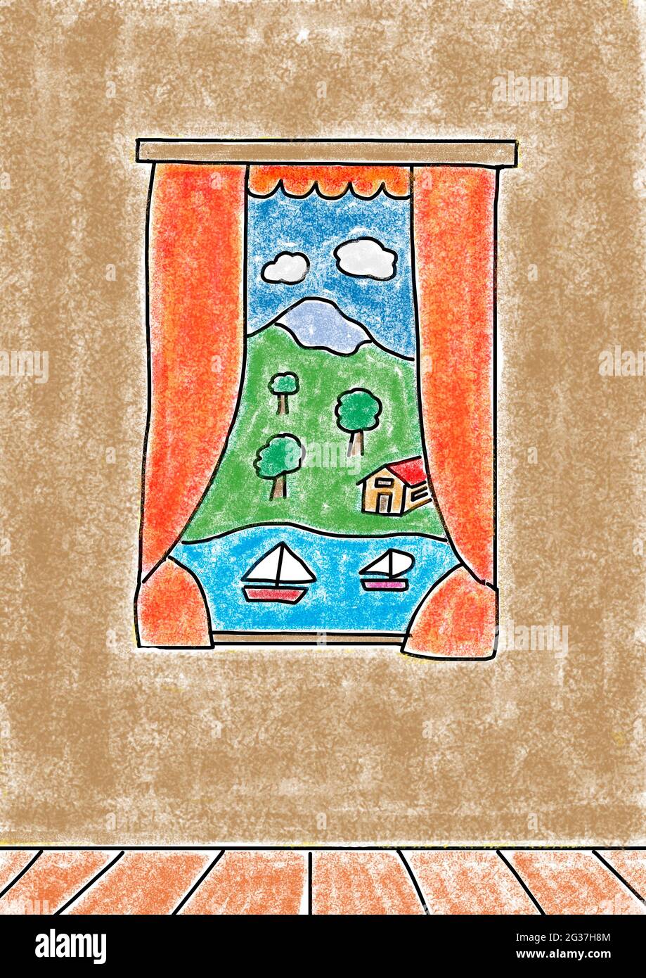 Naive illustration, children drawing, view from a window into a ...