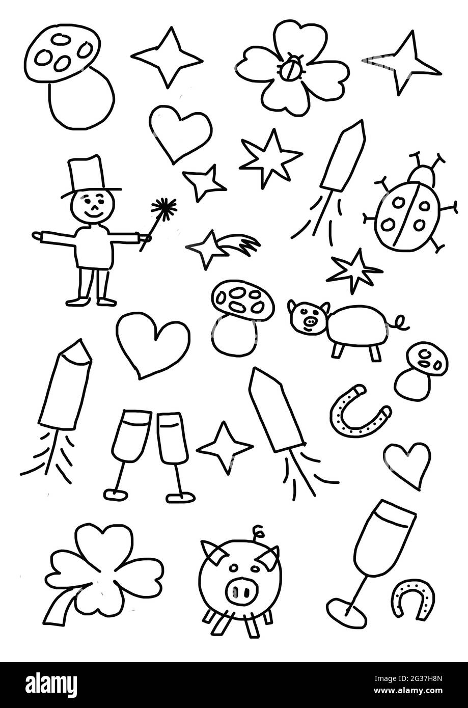 Naive illustration, children drawing, sylvester symbols Stock Photo - Alamy