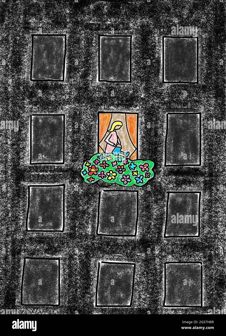 Naive illustration, child drawing, grey house facade with a window ...