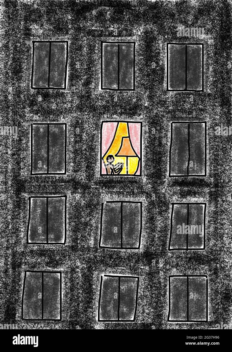 Naive illustration, child drawing, Grey house facade with a living room ...