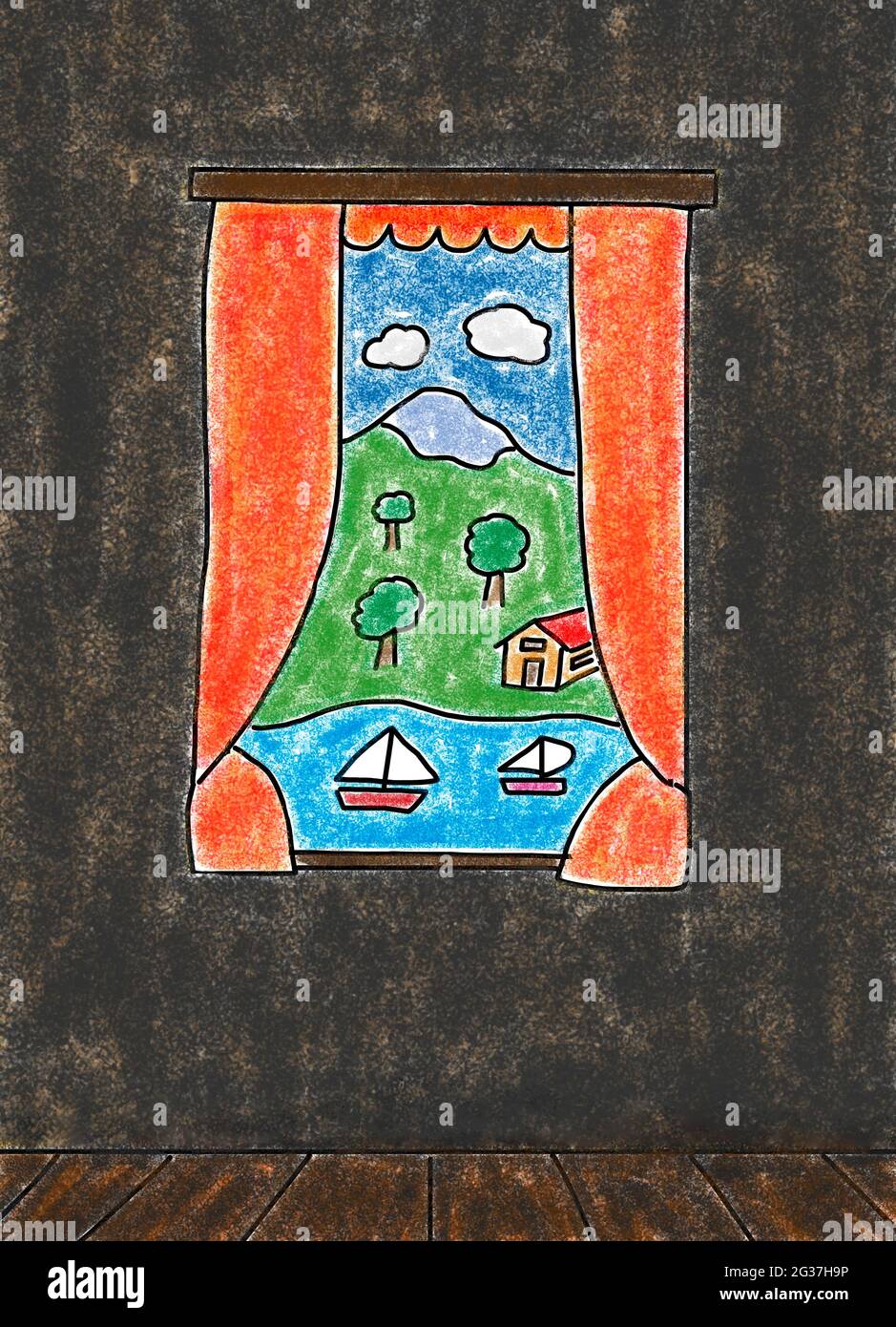 Naive illustration, children drawing, view from a window into a ...