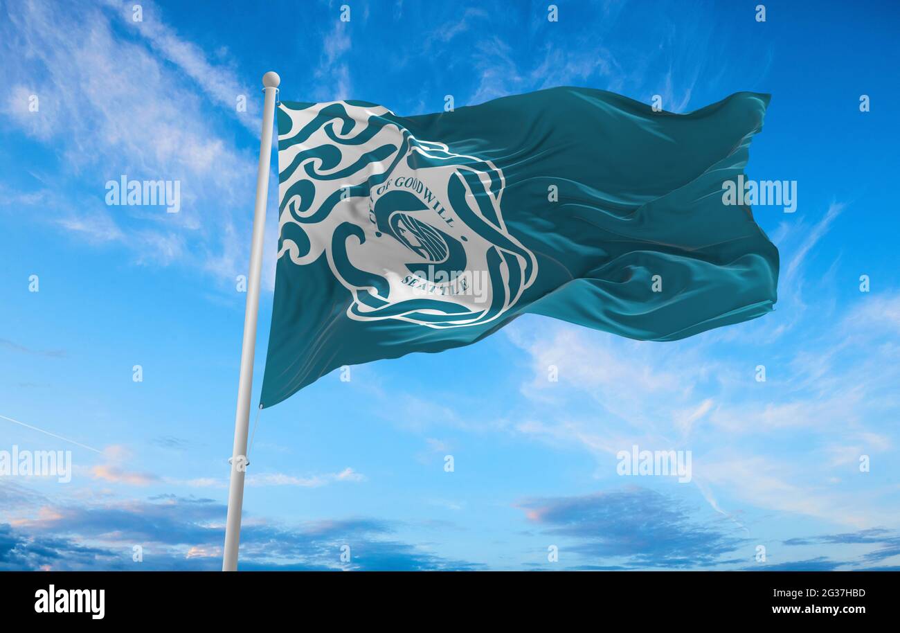 flag of Seattle at cloudy sky background on sunset, panoramic view ...