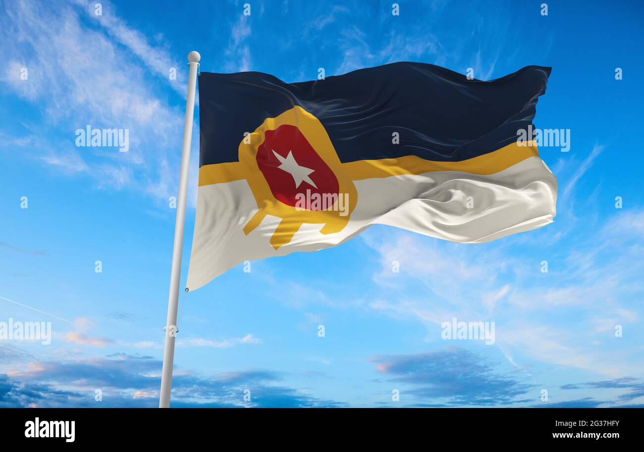 flag of Tulsa at cloudy sky background on sunset, panoramic view ...