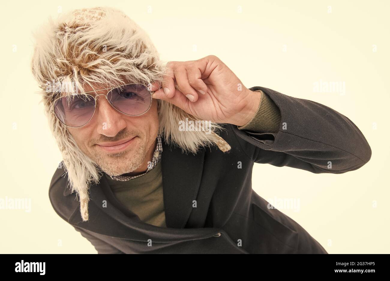 unshaven male with bristle wearing warm winter clothes isolated on ...