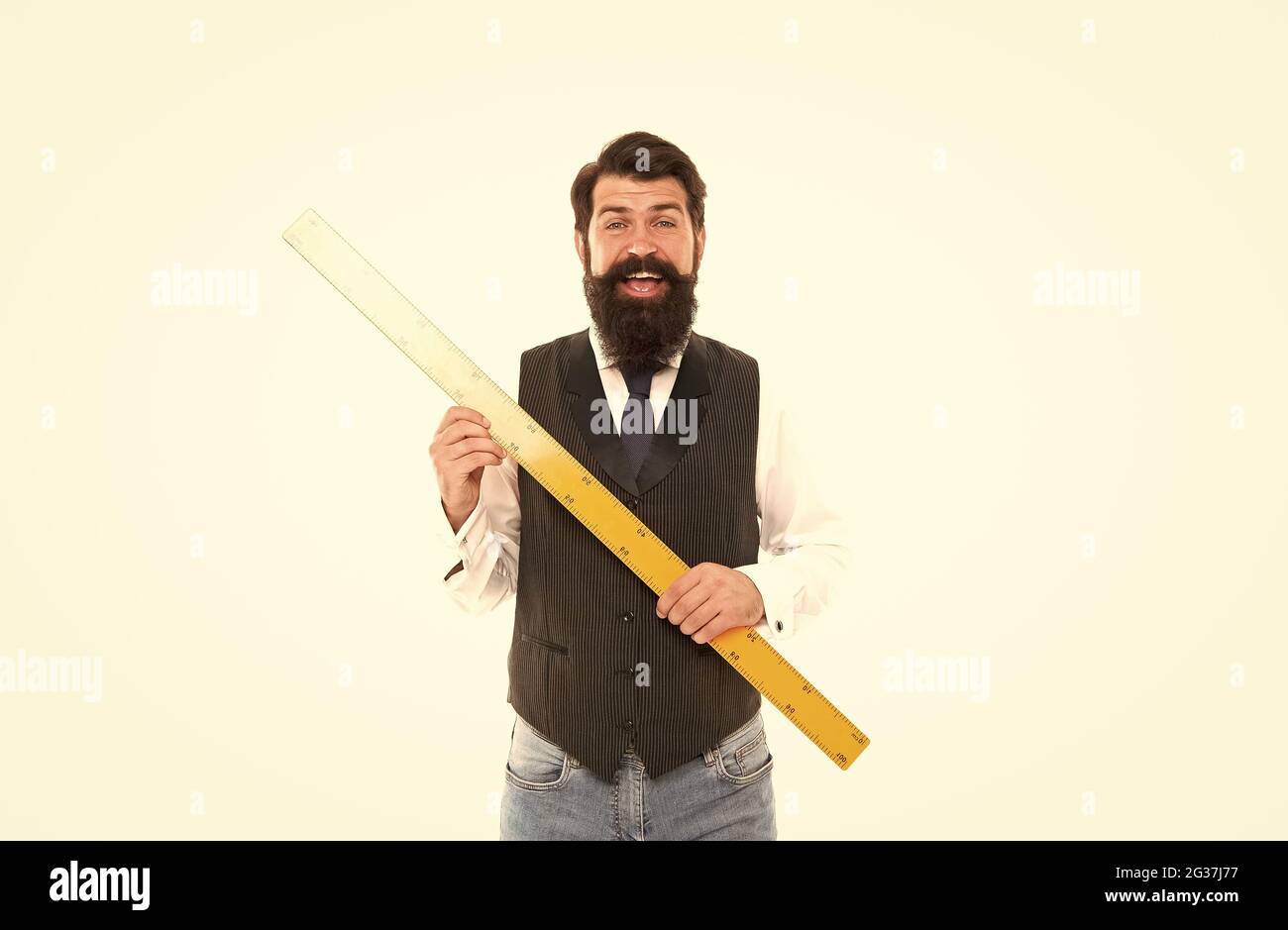 Measuring length and width. Happy school teacher hold ruler isolated on ...