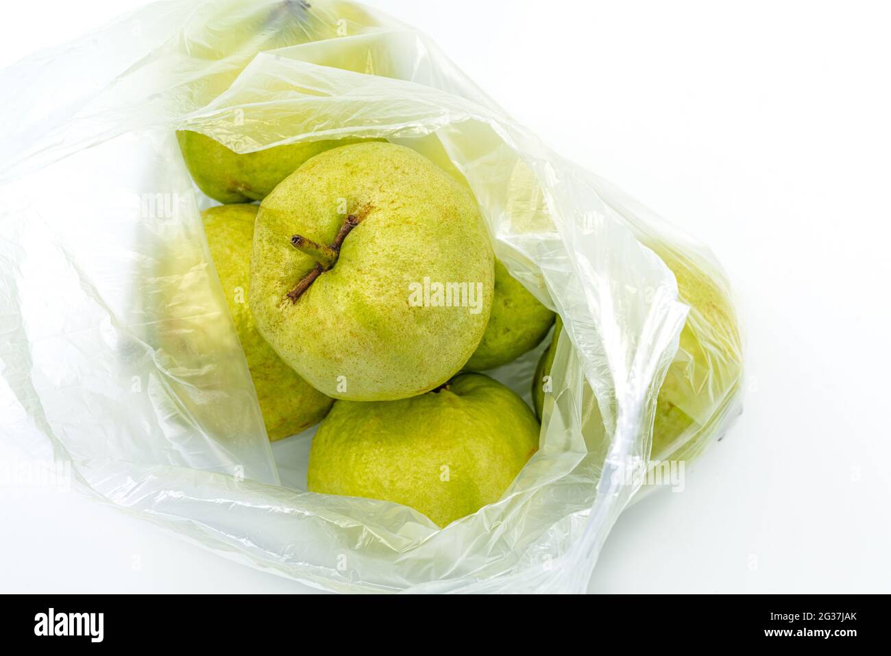 Top view some Thailand guava fruits in a white plastic bag from the ...