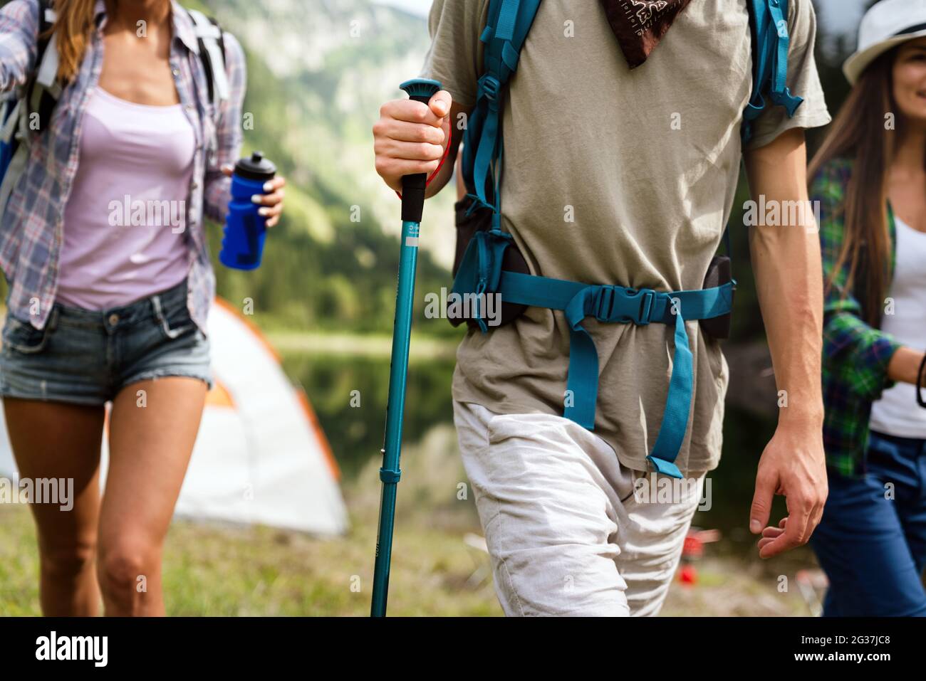 Group of friends with backpacks doing trekking excursion on mountain ...