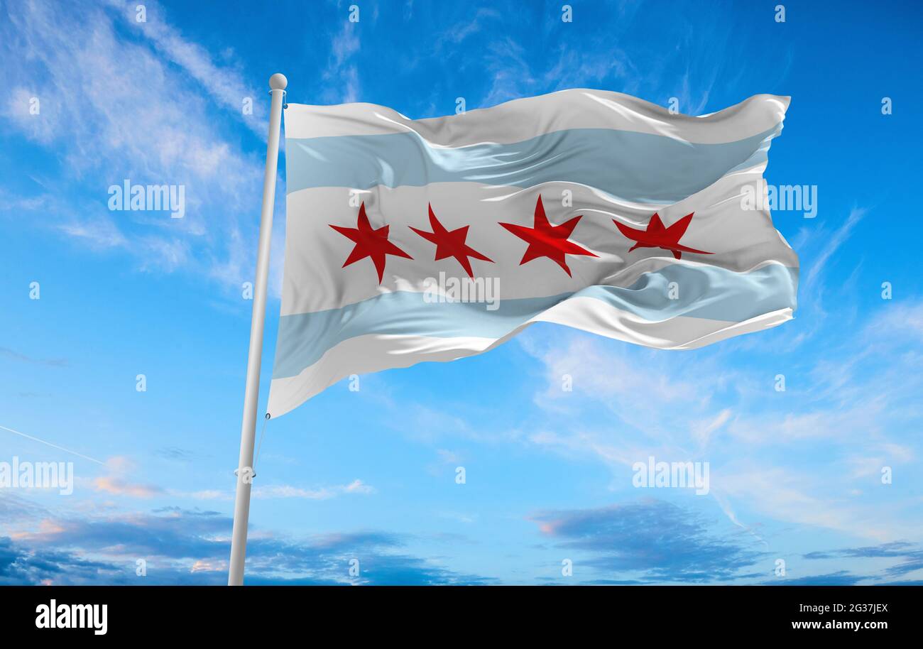 flag of Chicago, Illinois at cloudy sky background on sunset, panoramic ...