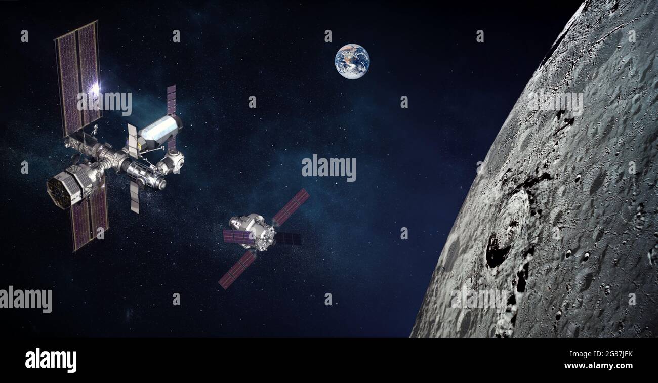 Space module docking above the moon surface. Two spaceships and the ...