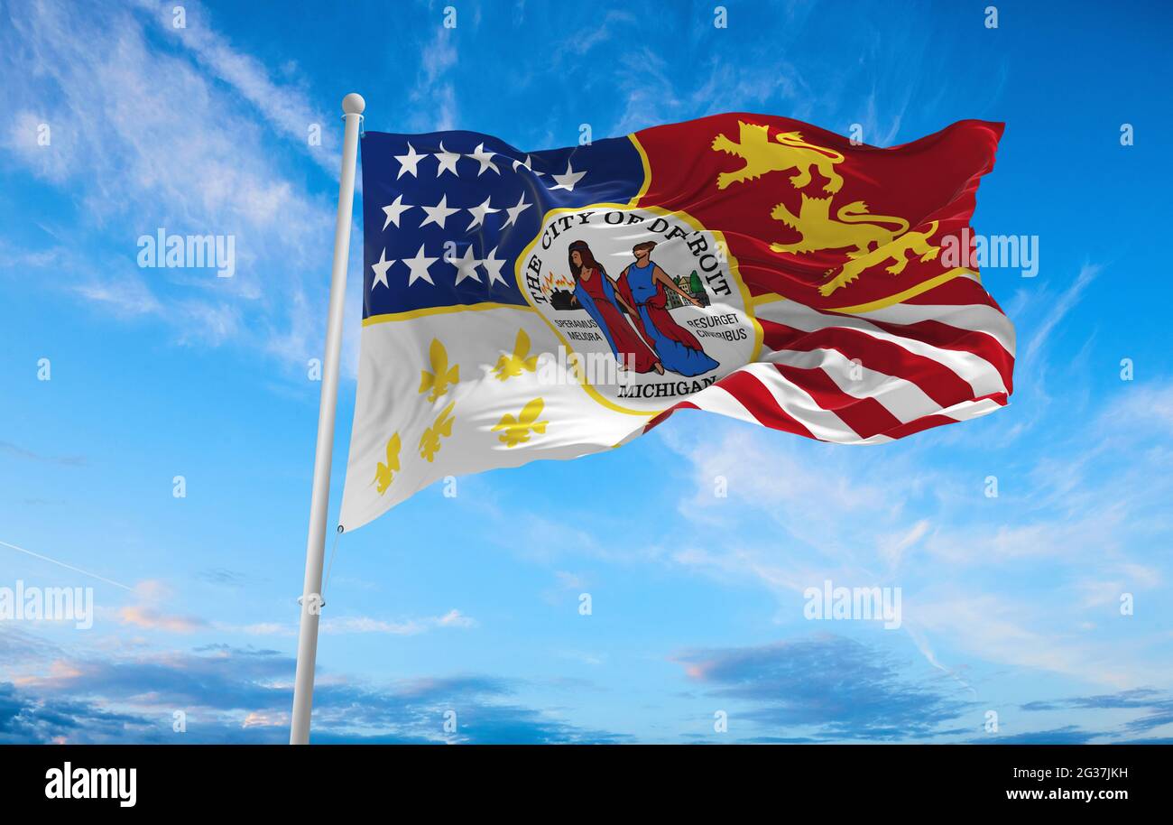 flag of Detroit at cloudy sky background on sunset, panoramic view ...
