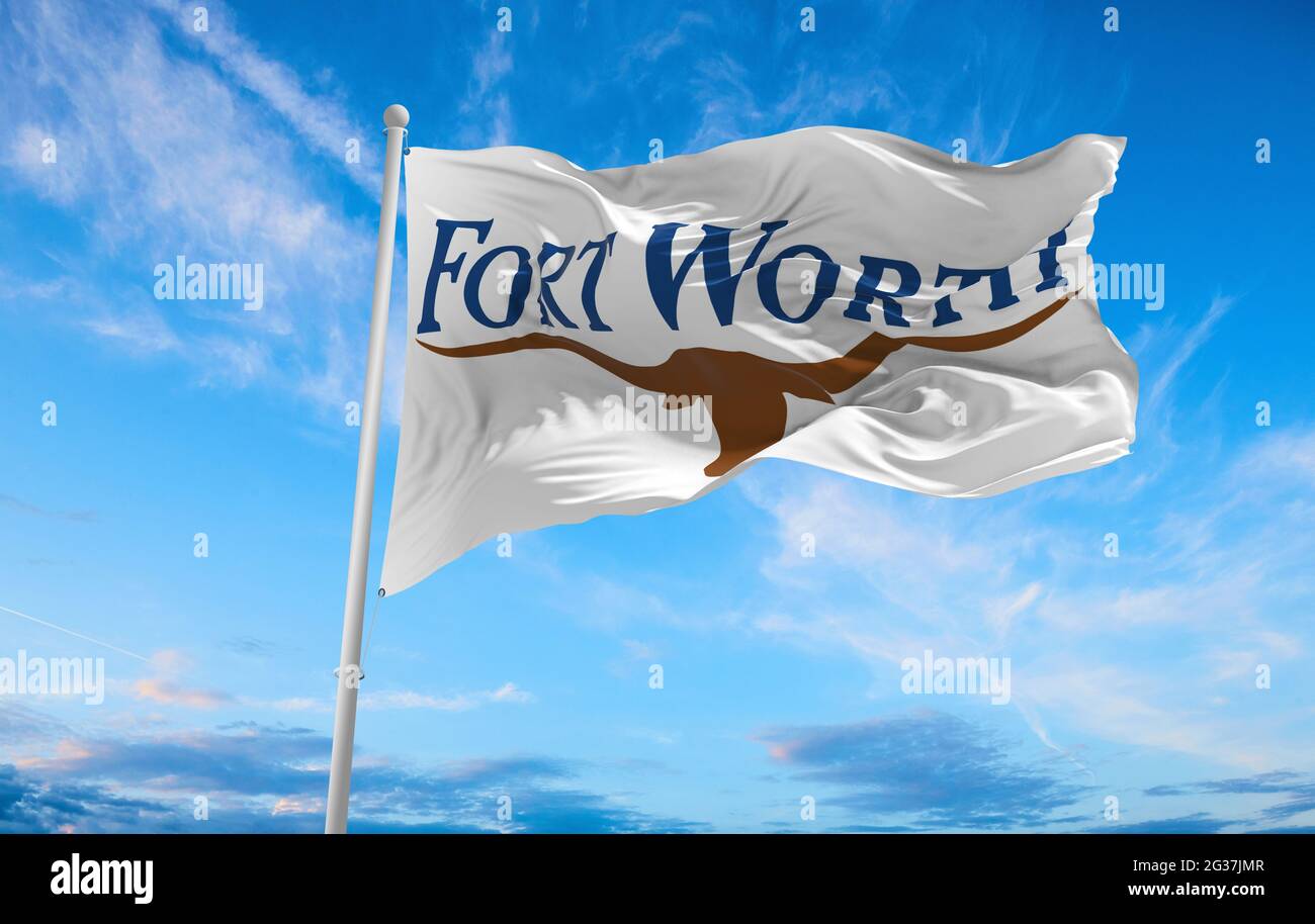 flag of Fort Worth at cloudy sky background on sunset, panoramic view ...