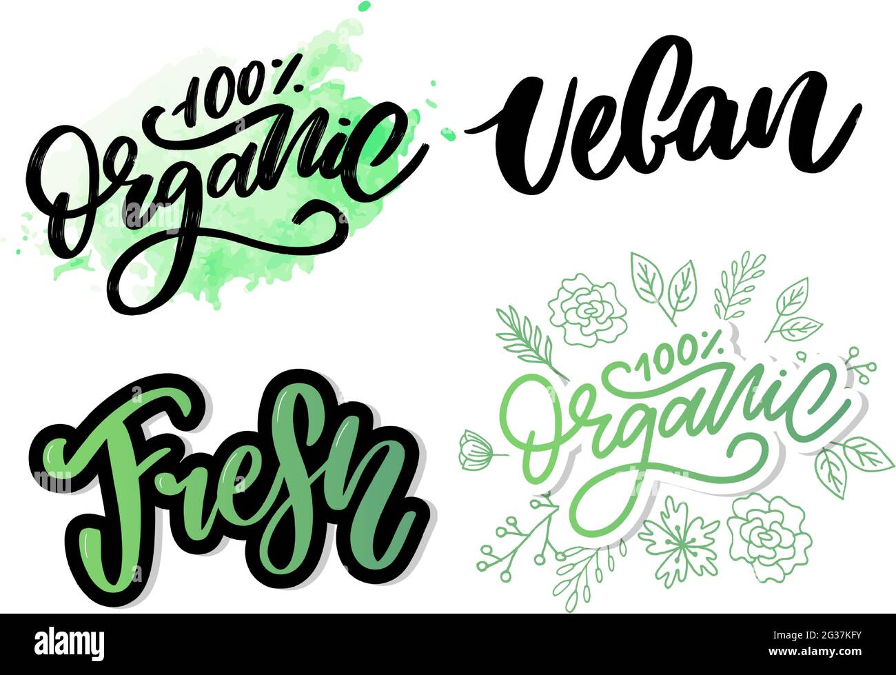 Organic brush lettering. Hand drawn word organic with green leaves ...