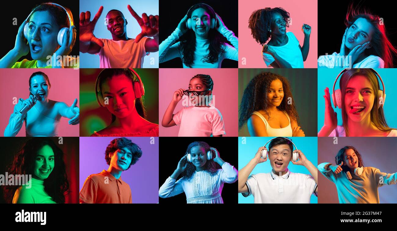 Collage of portraits of an ethnically diverse people isolated over ...